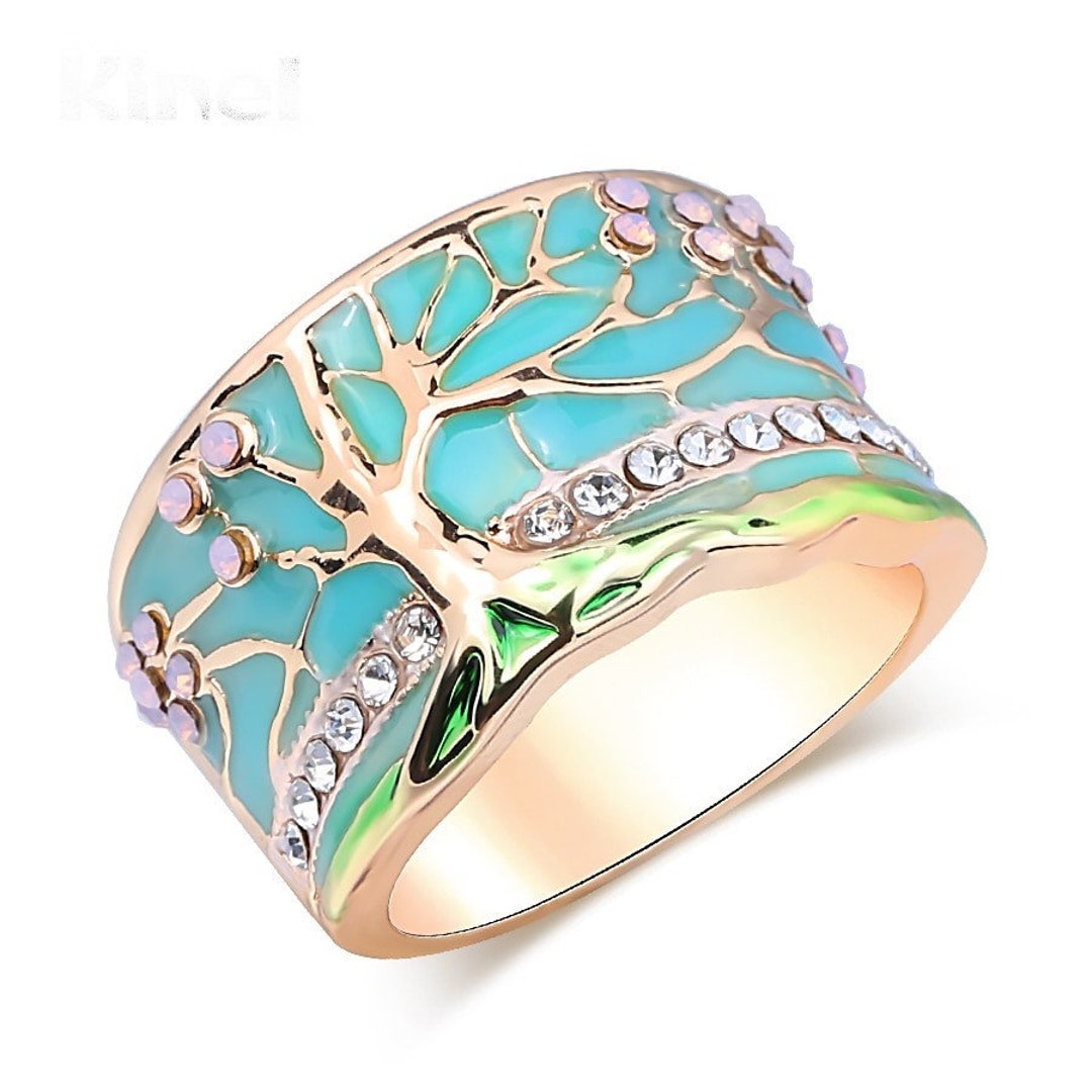 Lucky Flower Tree Sun Rings Gold Pink Opal Green Enamel - Etsy