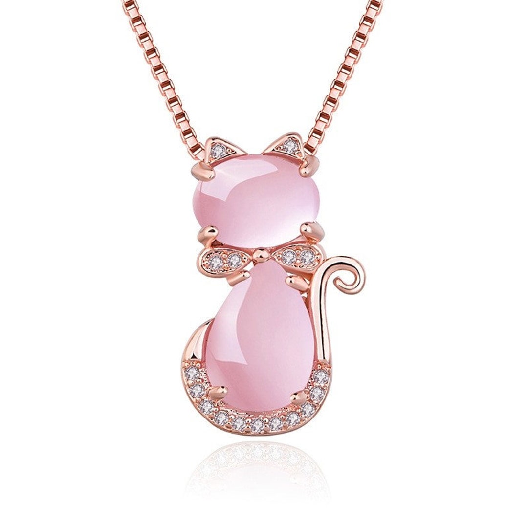 925 Silver Jewelry Necklace Cat Shape Rose Quartz Zircon - Etsy