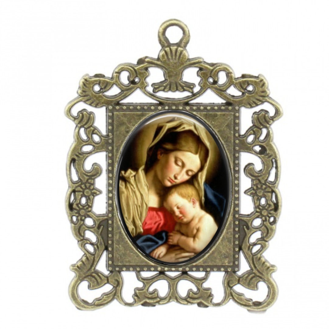 Rosary Center, Mary, Baby Jesus, Large Rosary Center, Antique Finish ...