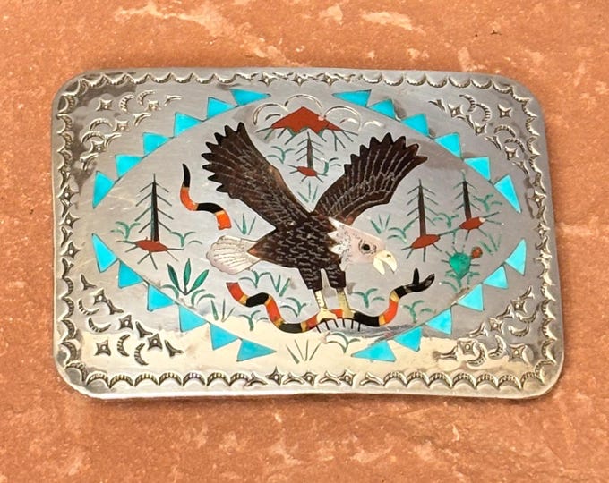 Zuni Inlay Belt Buckle With Bald Eagle Design, Vintage Native American ...