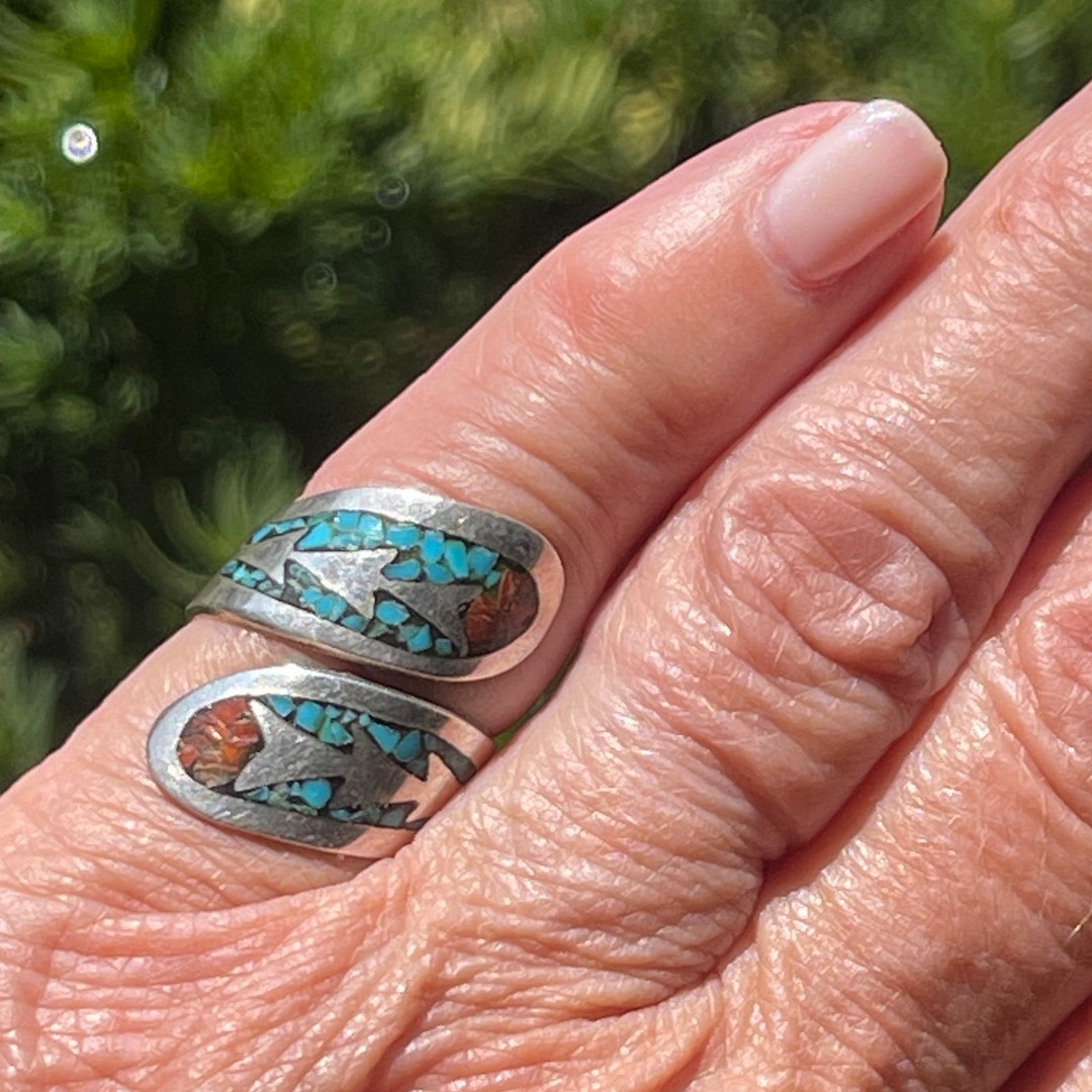 Authentic Navajo Turquoise and Coral Chip Inlay Ring, Vintage - Size 8 ...