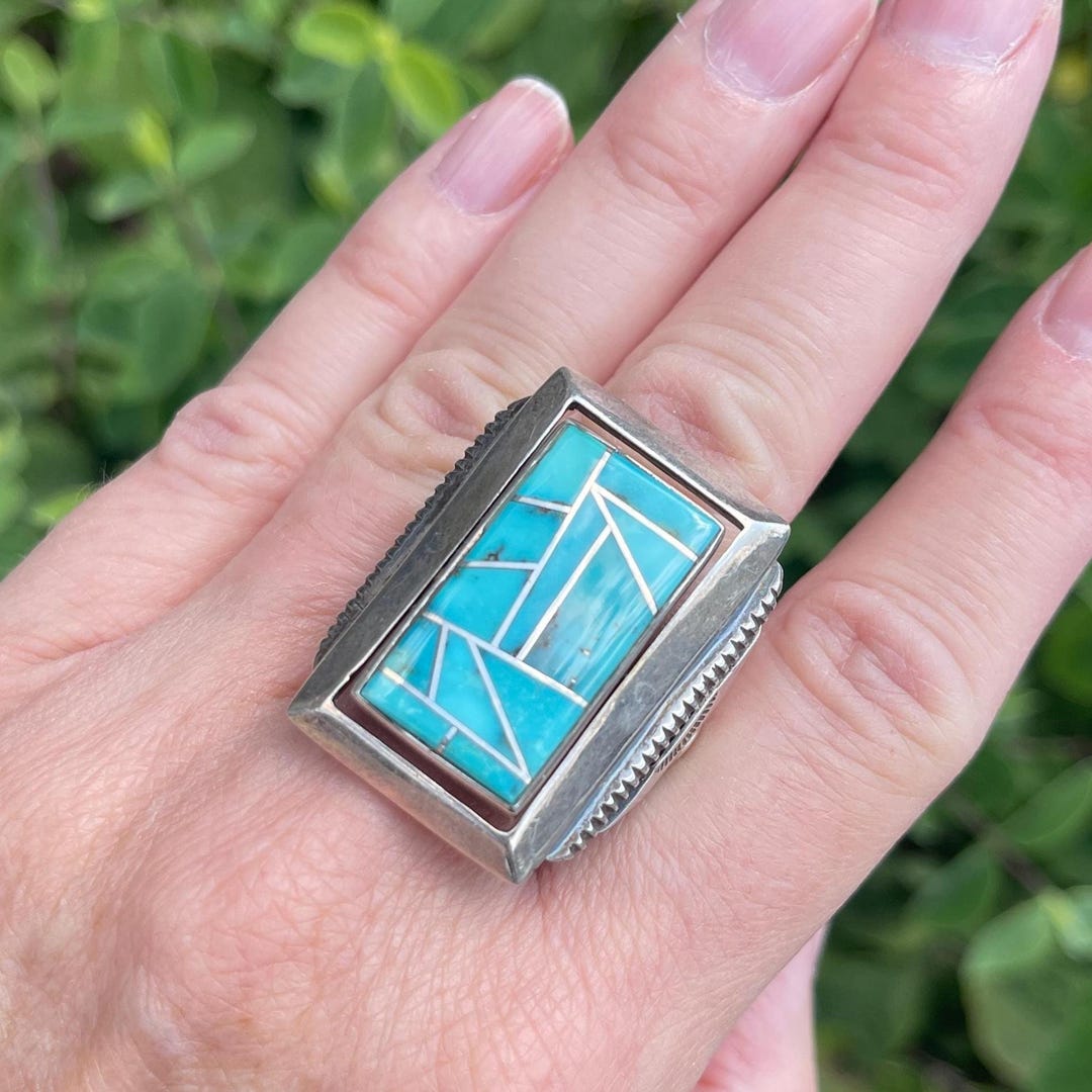 Genuine Navajo Channel Inlay Spinner Ring With Turquoise, Vintage ...