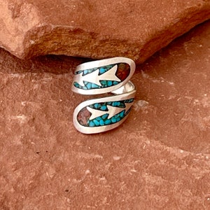 Authentic Navajo Turquoise and Coral Chip Inlay Ring, Vintage Size 8 ...