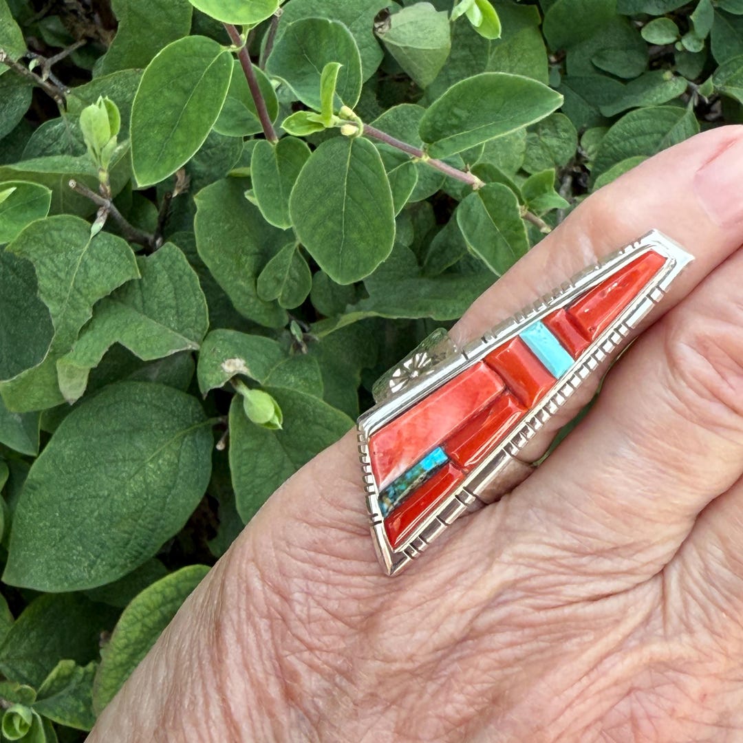 David Tune, Navajo Sterling Silver & Cobblestone Inlay Ring With Red ...