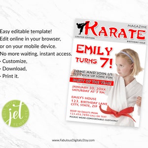 Karate Birthday Invitation Girl, Magazine Cover Style Card, Printable ...