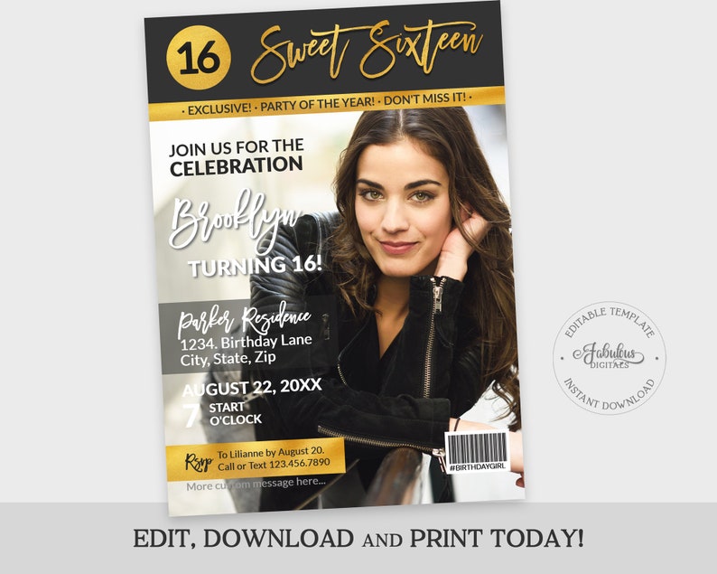 Sweet Sixteen Birthday Magazine Cover, Birthday Invitation, Printable ...
