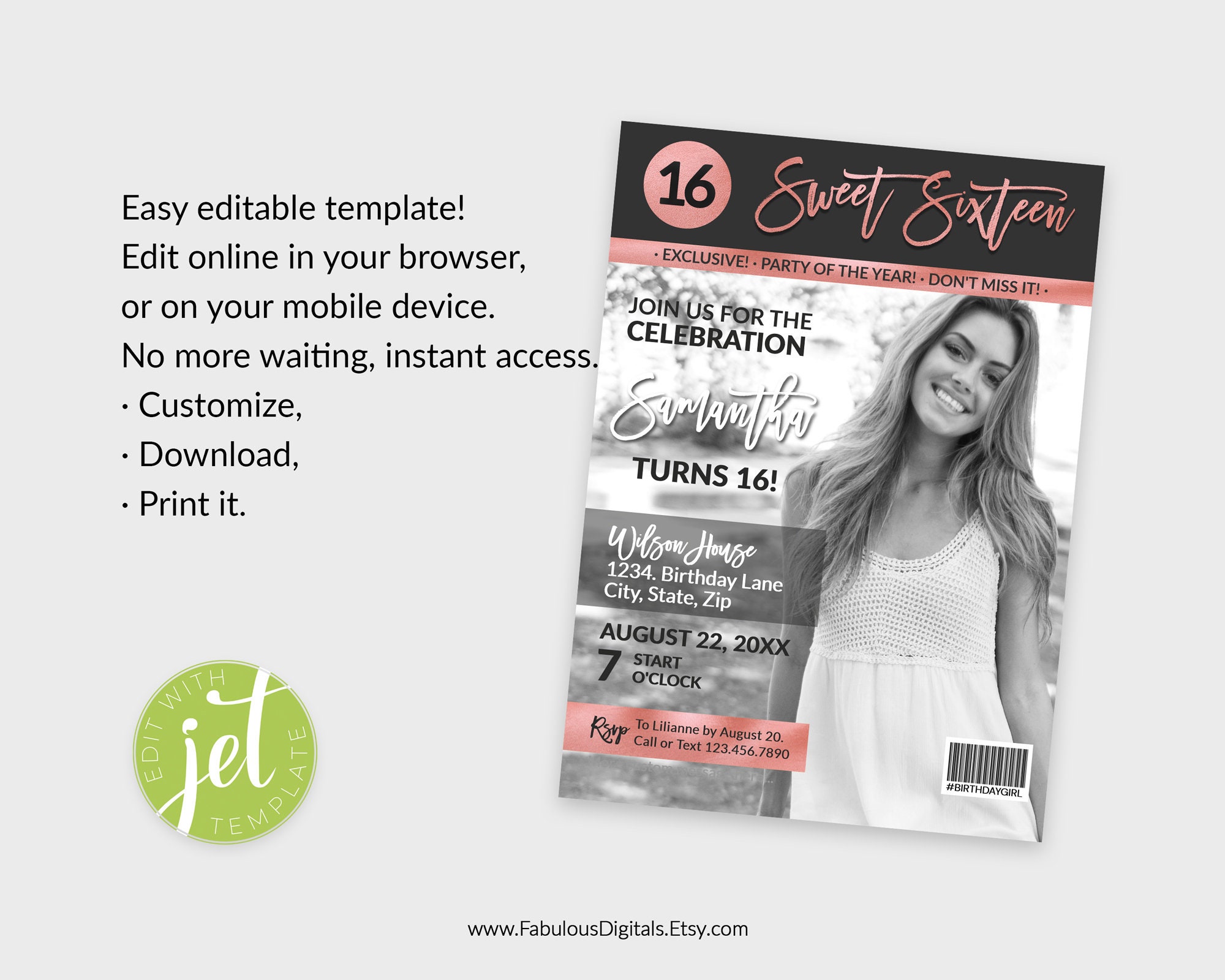 Sweet Sixteen Birthday Magazine Cover, Black & Rose Foil Birthday ...