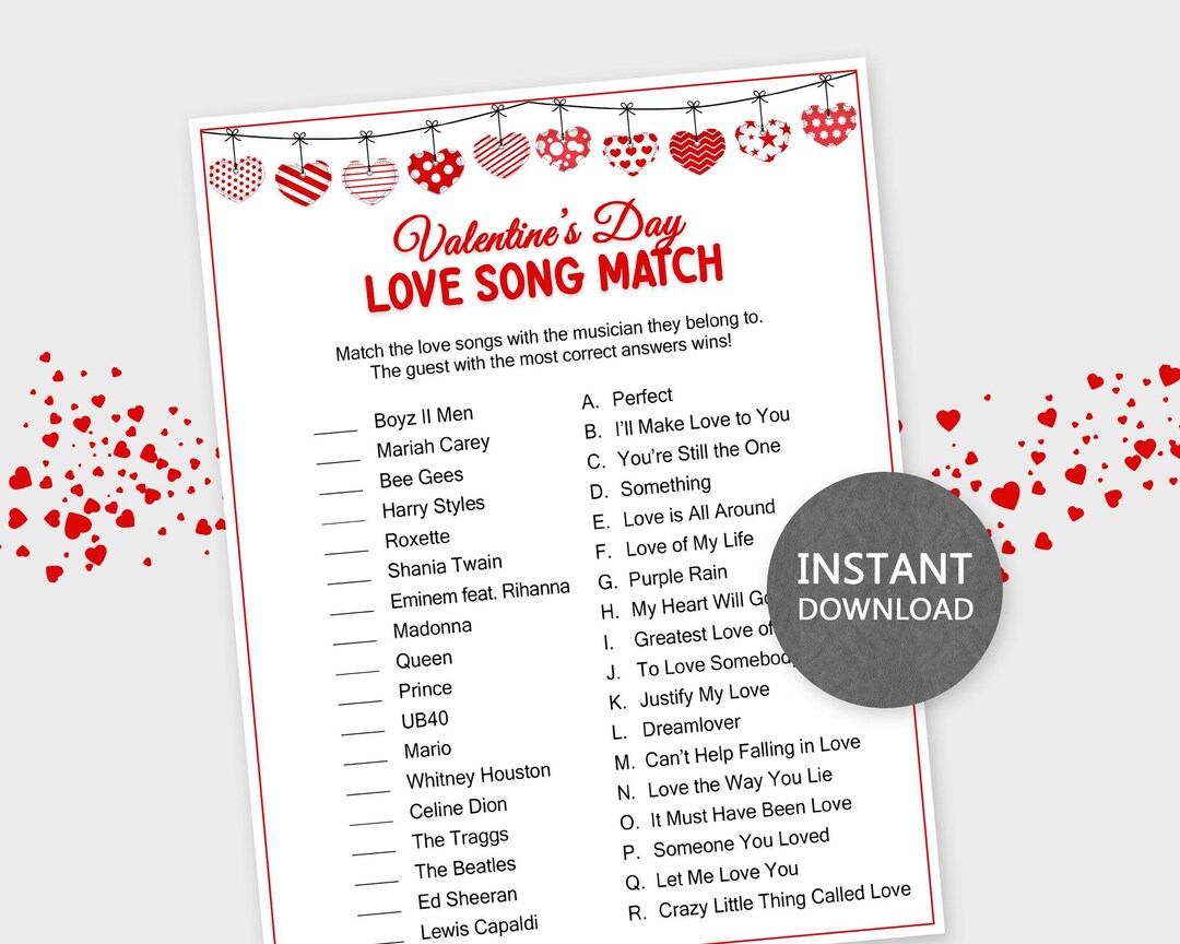 Love Song Match-up Game, Valentine's Day Match-up Game - Printable PDF ...