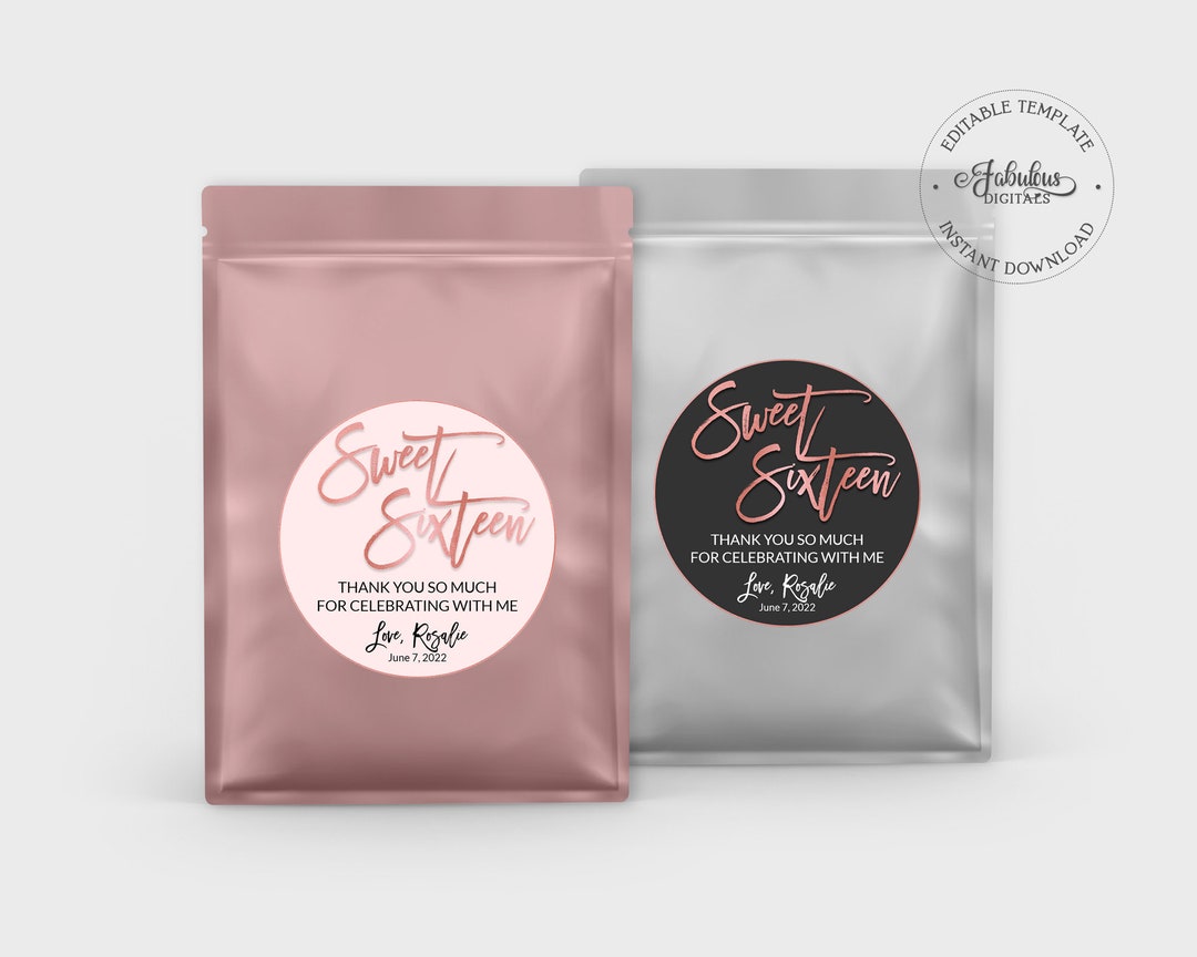 Sweet Sixteen Stickers, Sweet 16 Circle Favor Labels - Black-pink ...