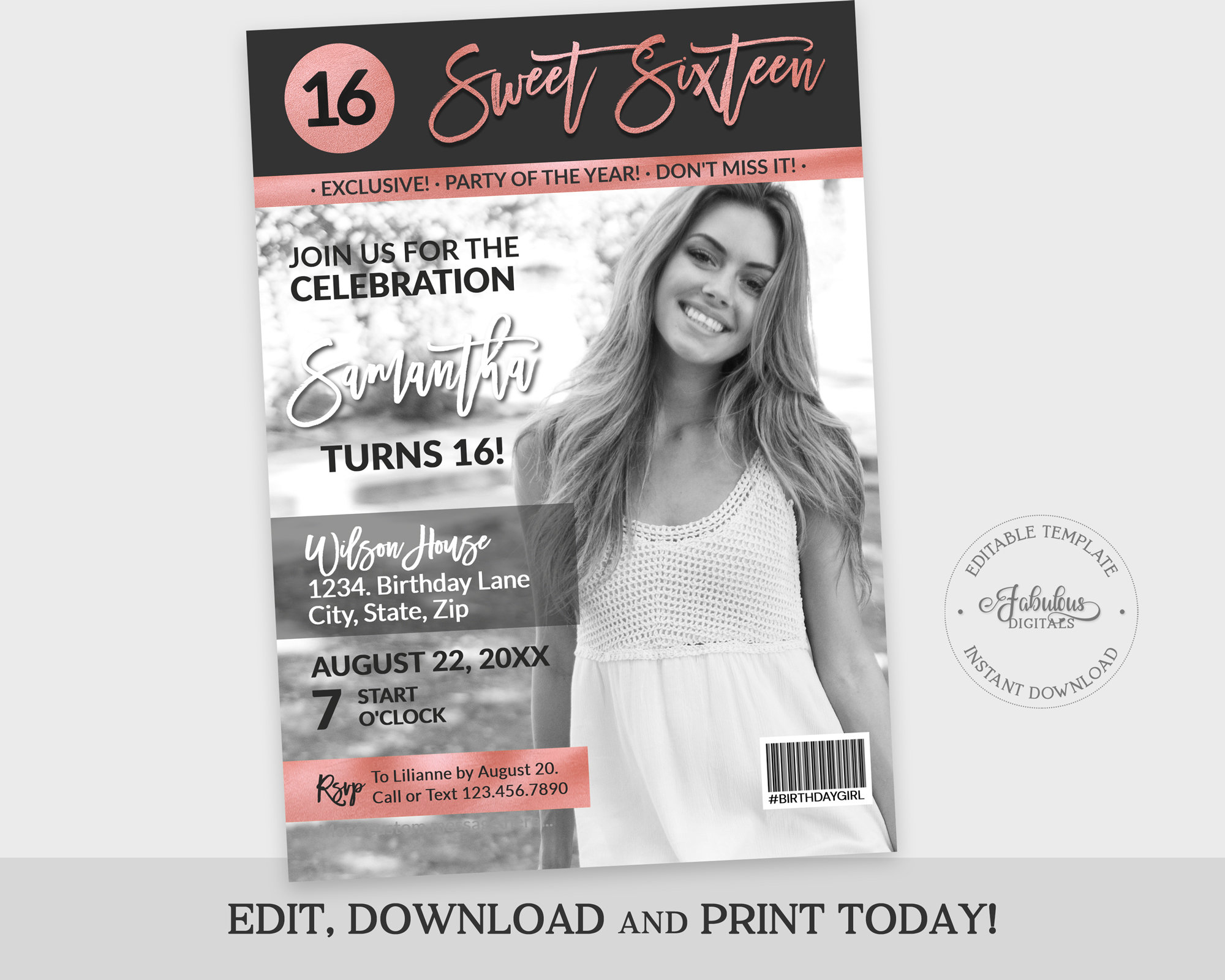 Sweet Sixteen Birthday Magazine Cover, Black & Rose Foil Birthday ...
