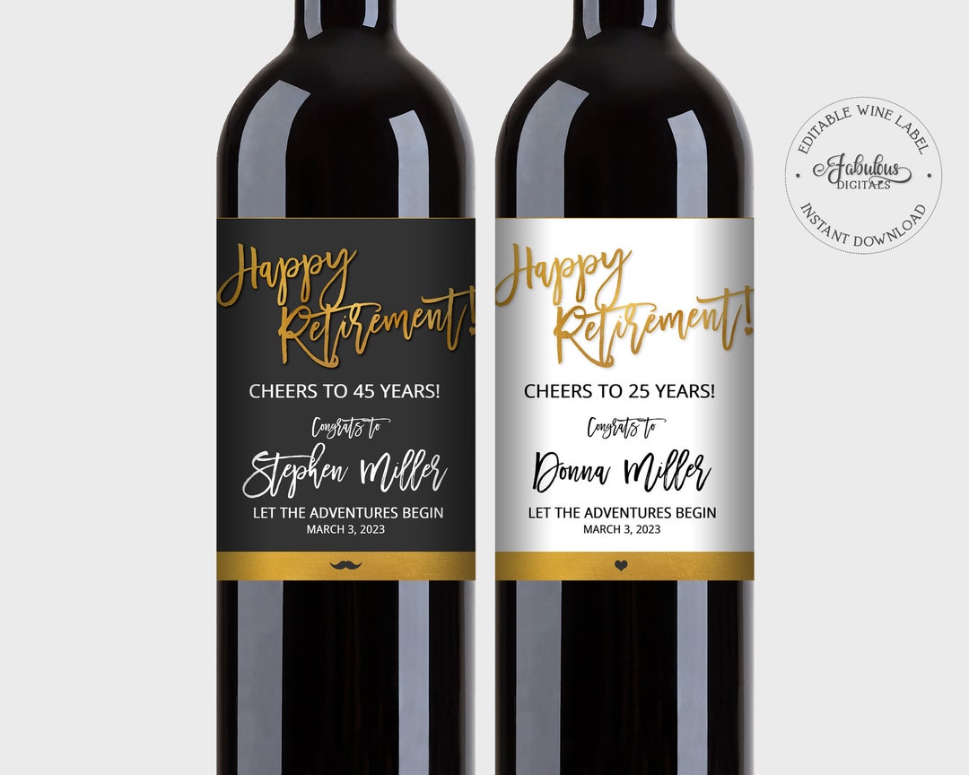 Happy Retirement Wine Labels, Black-white & Gold Foil Wine Labels ...