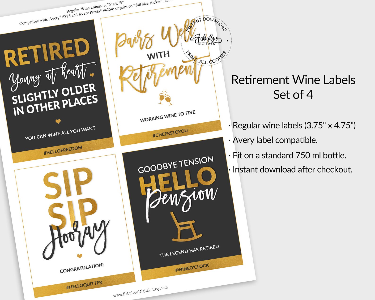 Retirement Party Wine Labels set of 4 Black-white & Gold - Etsy