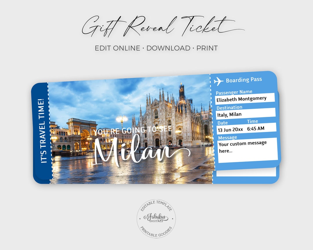 Milan Travel Ticket, Italy Gift Ticket, Custom Airplane Ticket, Milan ...
