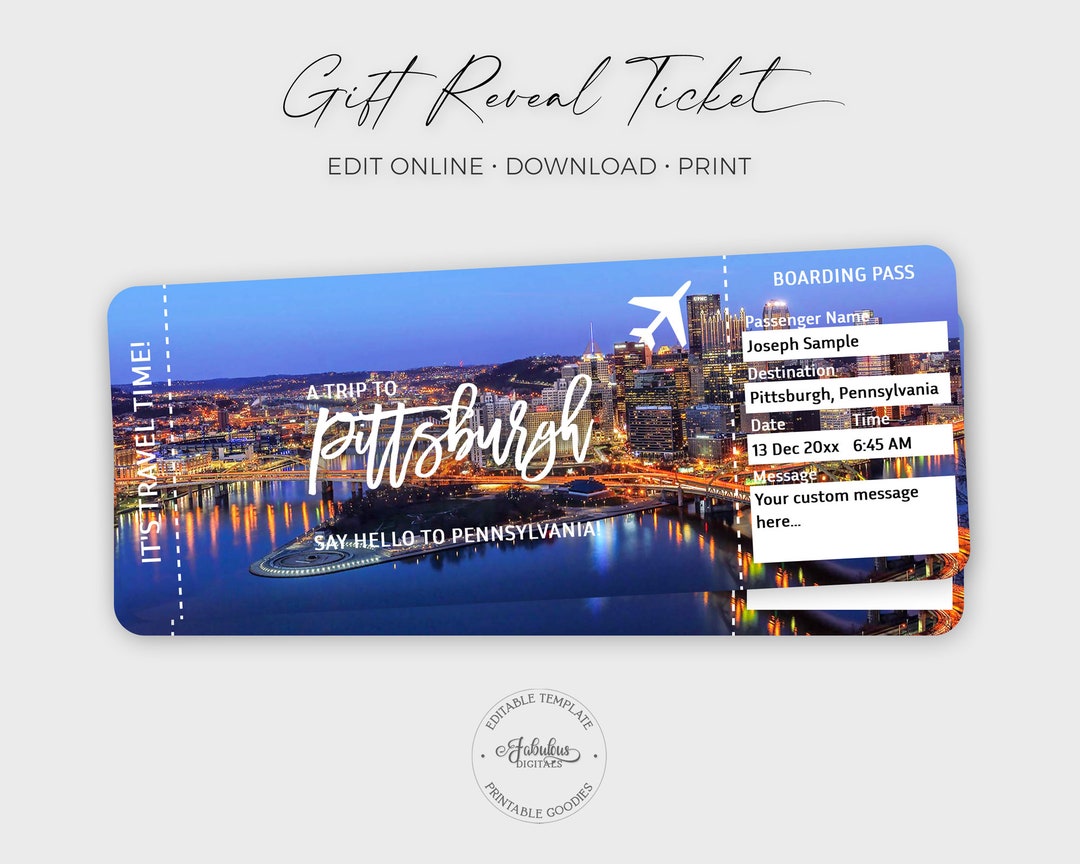 Pittsburgh Travel Ticket, Pittsburgh Boarding Pass, Custom Gift ...