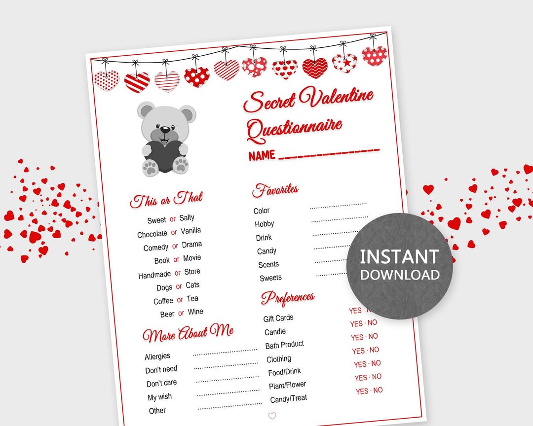 Valentine's Day Secret Questionnaire, Valentine's Party Wish List ...