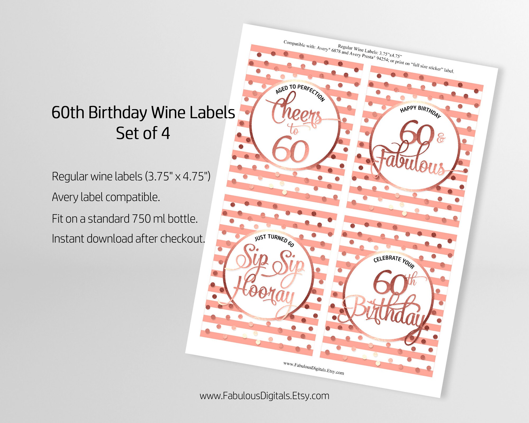 60th Birthday Party Wine Bottle Labels Set of 4 | Etsy
