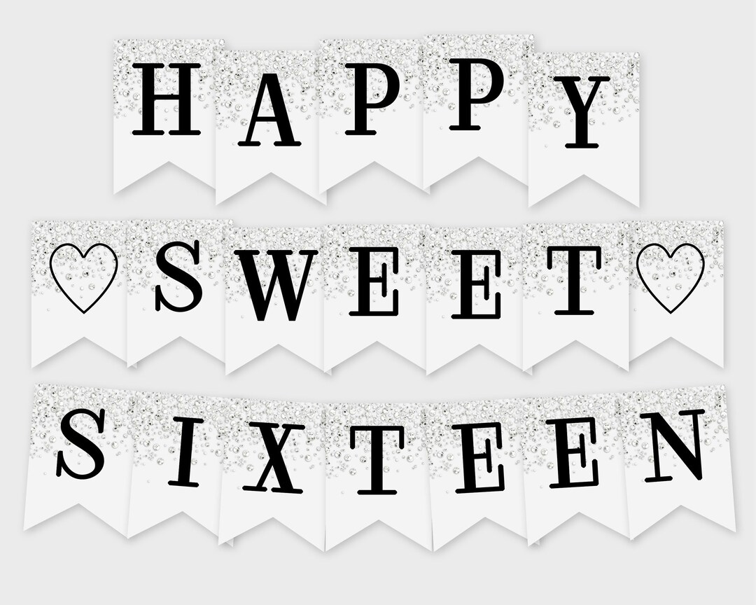 Happy Sweet Sixteen Printable Banner - Silver Confetti Glitters ...