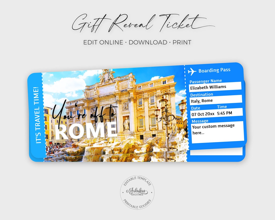 Rome Travel Ticket, Rome Trevi Fountain Ticket, Custom Plane Ticket ...