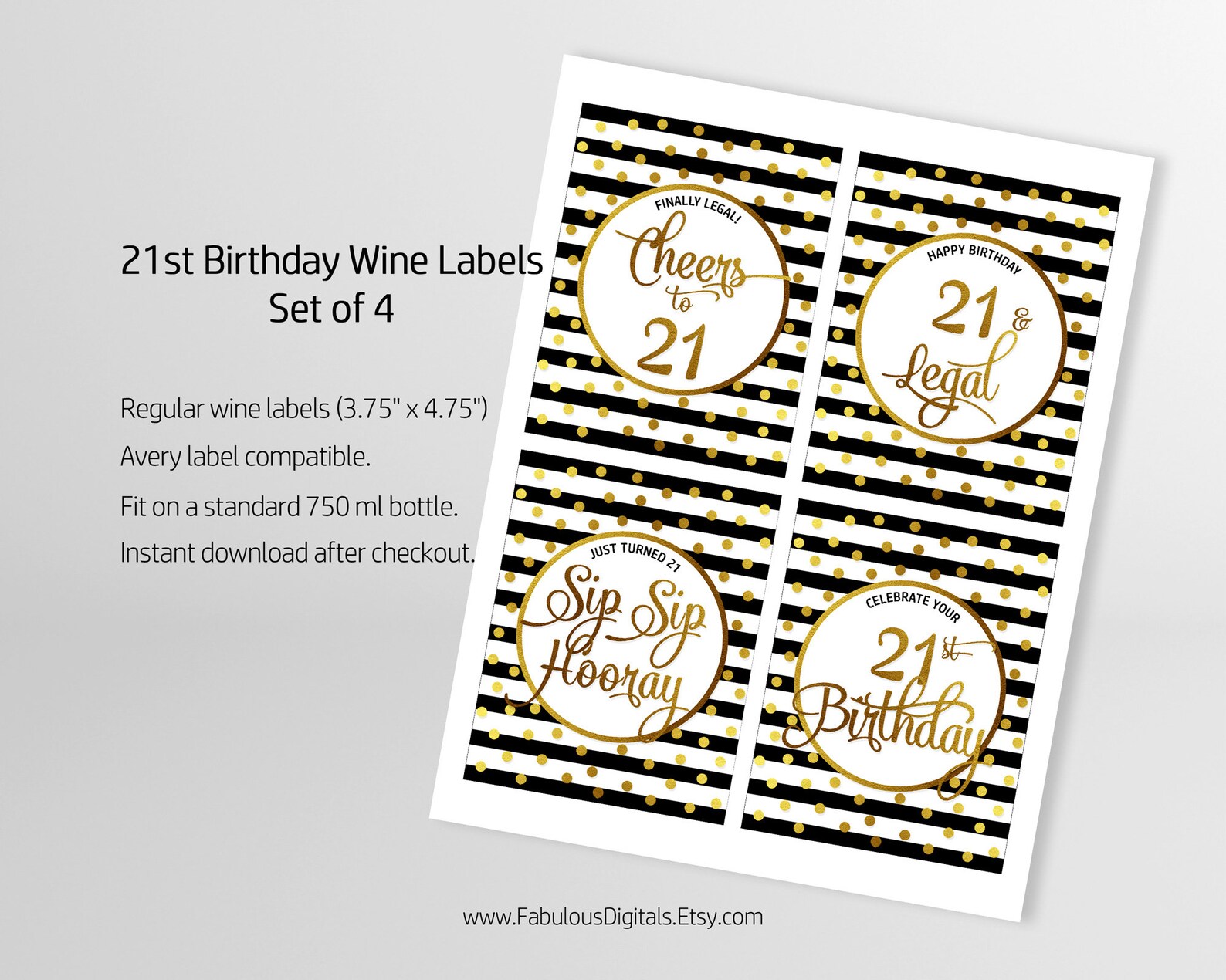 21st Birthday Party Wine Labels set of 4 Black-white-gold - Etsy