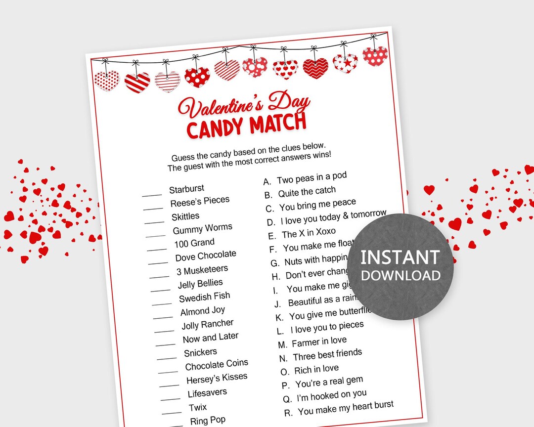 Candy Match-up Game, Valentine's Day Match-up Game - Printable PDF, DIY ...