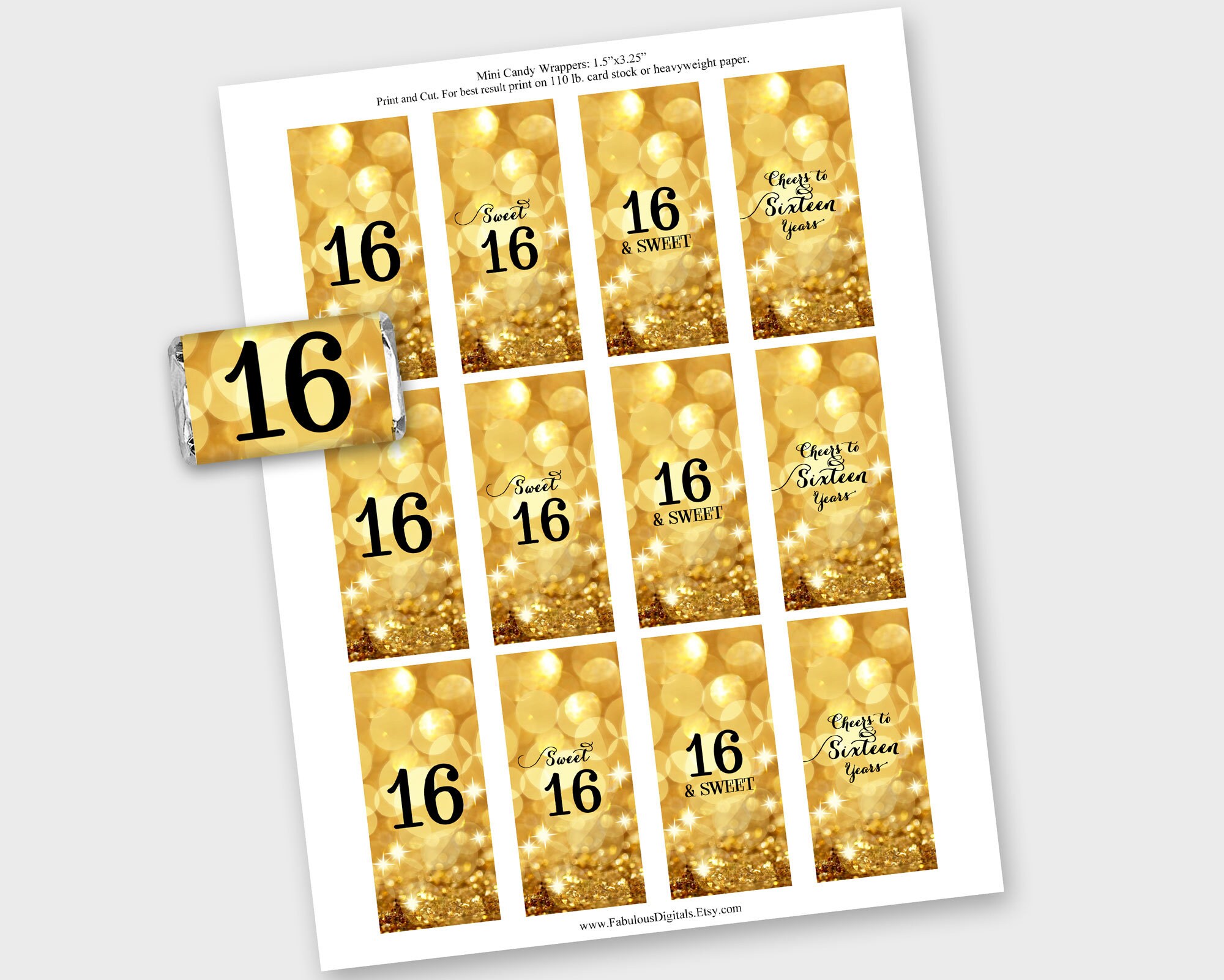 Sweet Sixteen Gold Bokeh Mini Candy Bar Wrapper, 16th Birthday, Sparkle ...