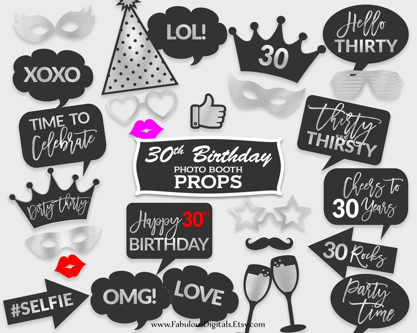 30th Birthday Photo Booth Props / Birthday Party Props / Black & Silver ...