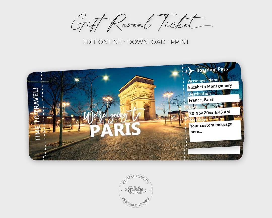 Travel to Paris Ticket, Custom Airplane Ticket, Paris Boarding Pass ...