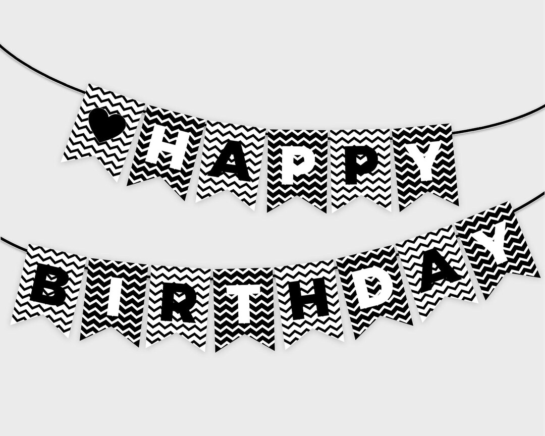 Black-white Happy Birthday Printable Banner - Chevron Patterned Party ...