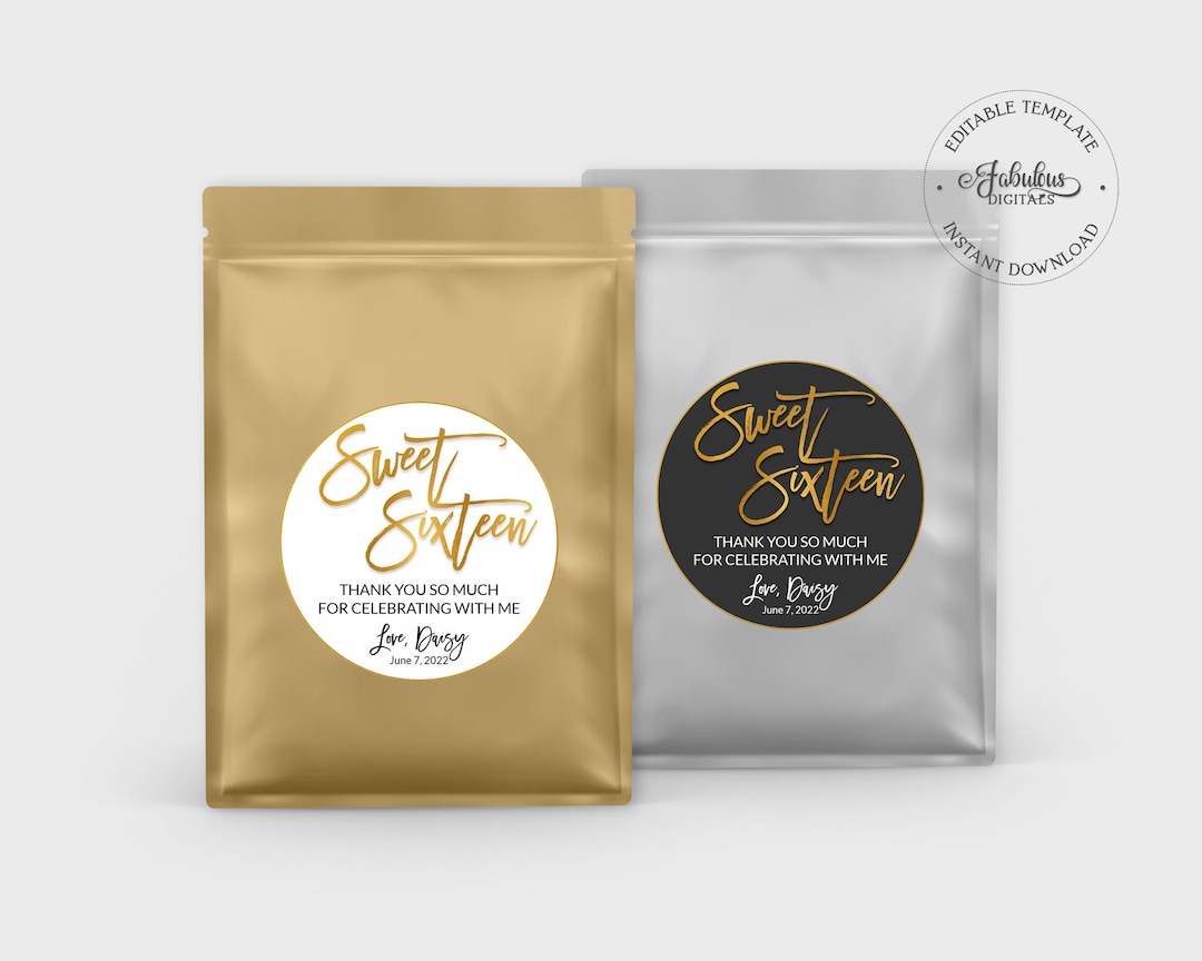 Sweet Sixteen Stickers, Sweet 16 Circle Favor Labels - Black-white ...