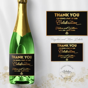 Thank You Champagne Bottle Labels, Full and Mini Labels - Black & Gold ...