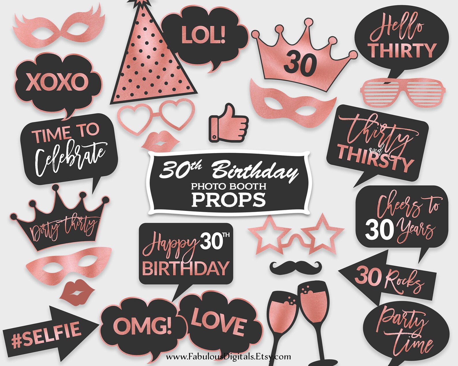 30th Birthday Photo Booth Props / Birthday Party Props / Black & Rose ...
