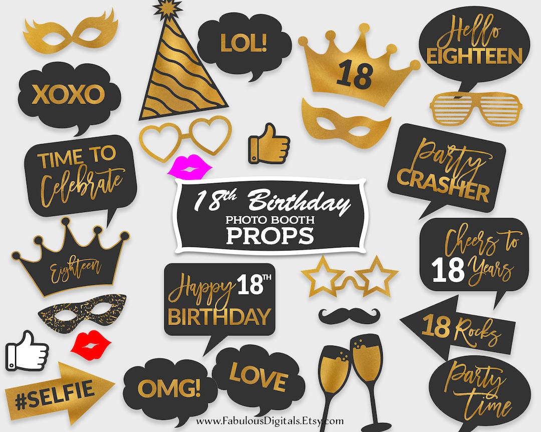 18th Birthday Photo Booth Props / Eighteenth Party Props / Black & Gold ...