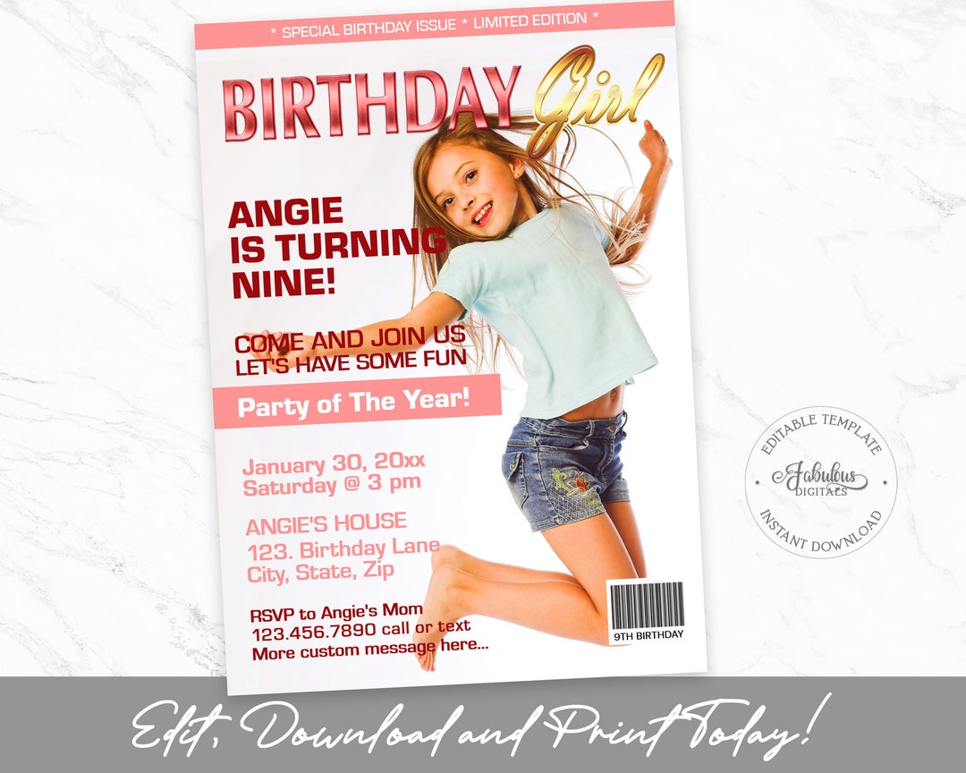 Birthday Girl Magazine Cover Card, Red Birthday Invitation, Printable ...