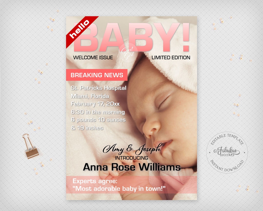 Baby Girl Birth Announcement Magazine Cover Card, Printable Powder ...