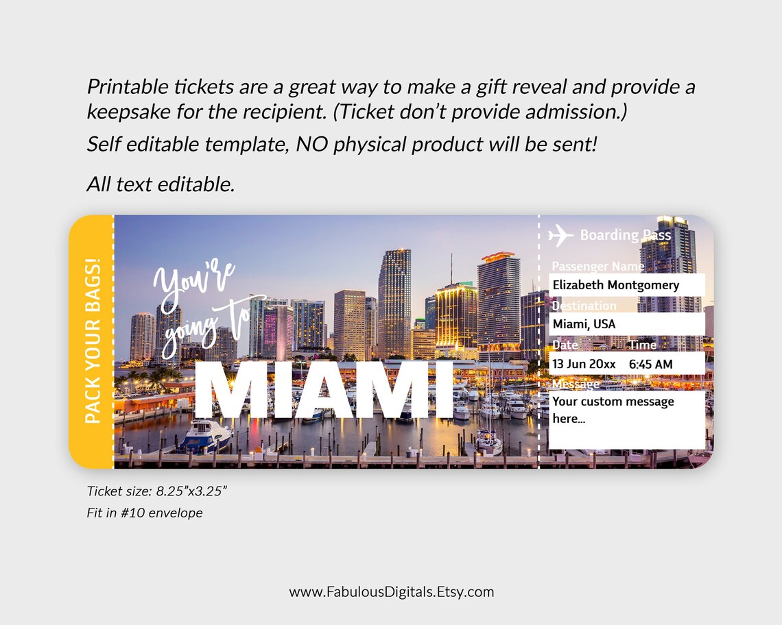 Miami Port Travel Ticket, Miami Gift Ticket, Custom Airplane Ticket ...