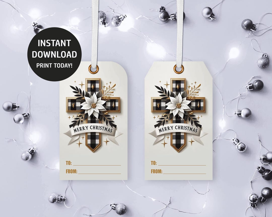 Christmas Cross Gift Tag, Merry Christmas, Black-white Plaids ...