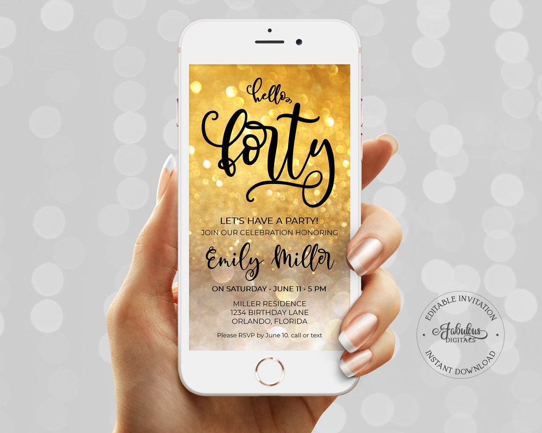 40th Birthday Invitation, Hello Forty Gold Bokeh Glitter Evite ...