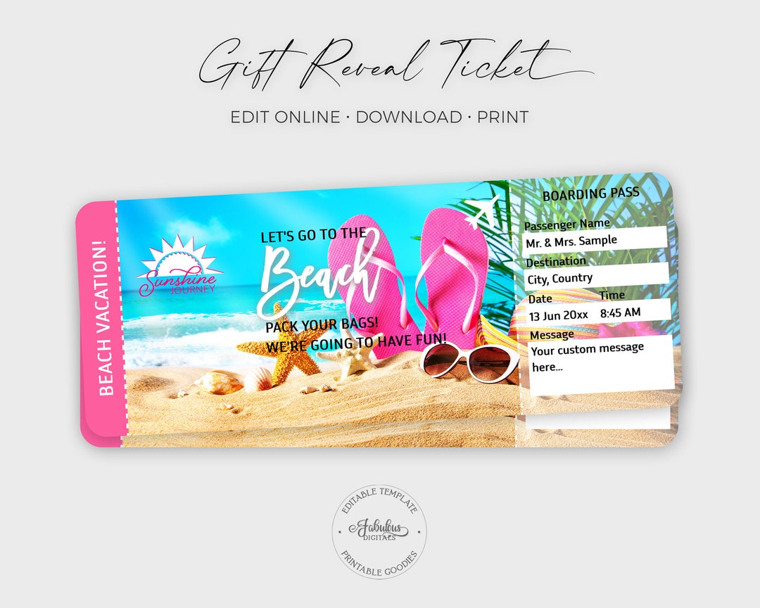 Surprise Beach Ticket, Beach Vacation, Custom Airplane Ticket, Airplane ...