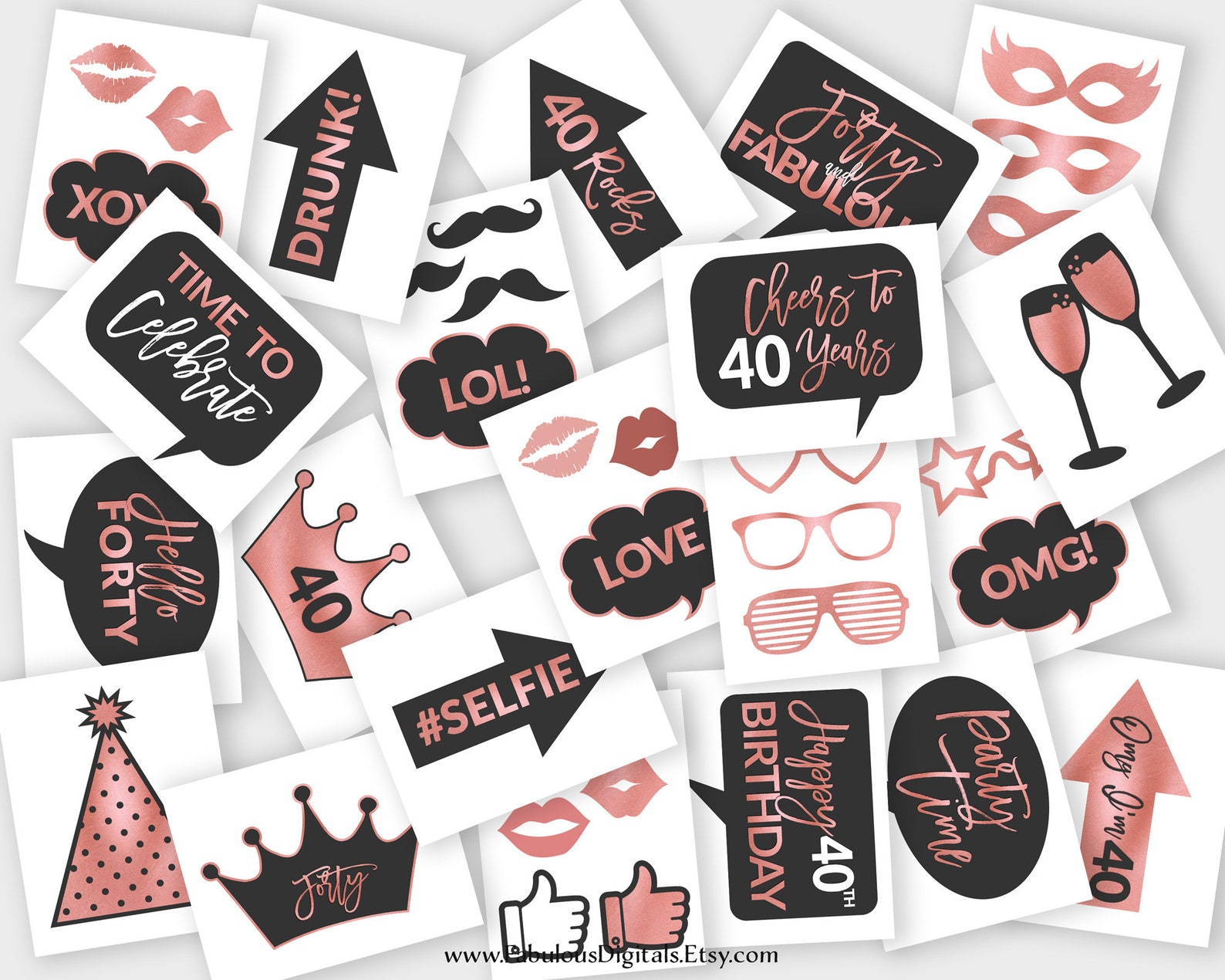 40th Birthday Photo Booth Props / Birthday Party Props / Black & Rose ...