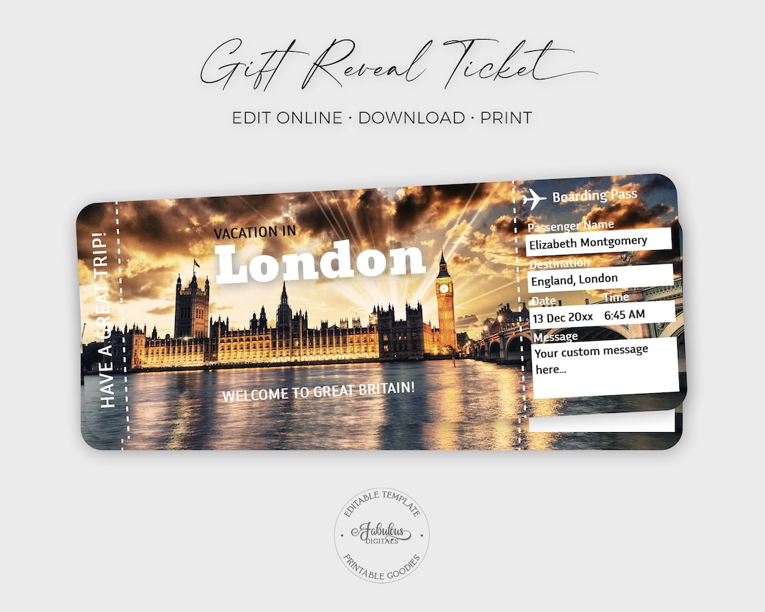 London Travel Ticket, London Boarding Pass, Custom Gift Certificate ...