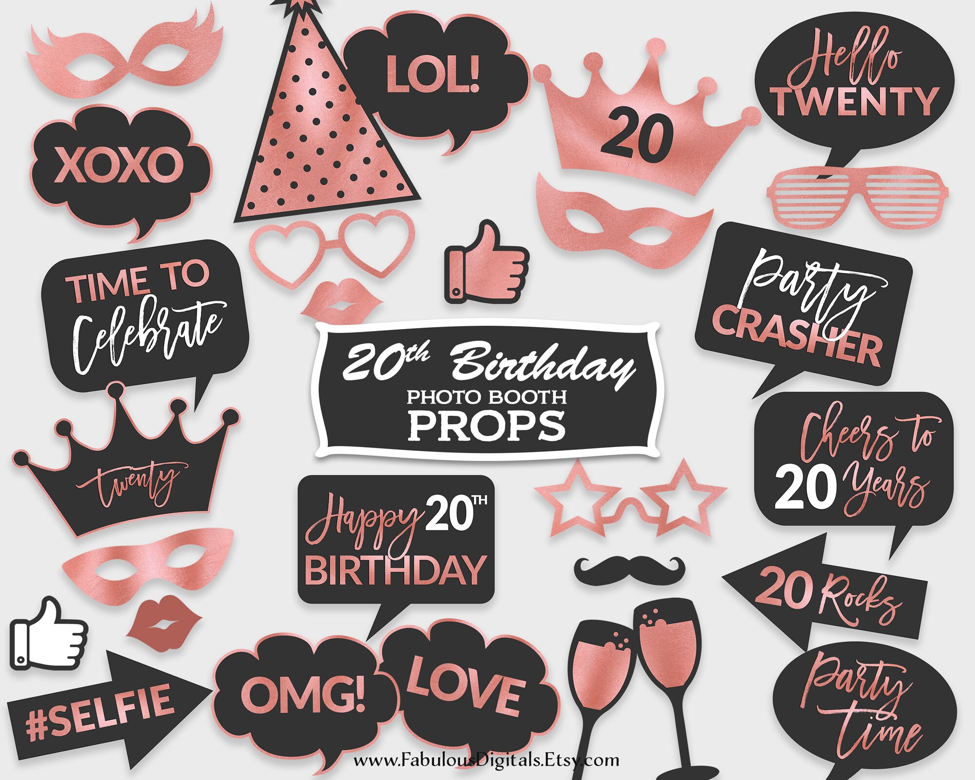 20th Birthday Photo Booth Props / Twentieth Party Props / Black & Rose ...