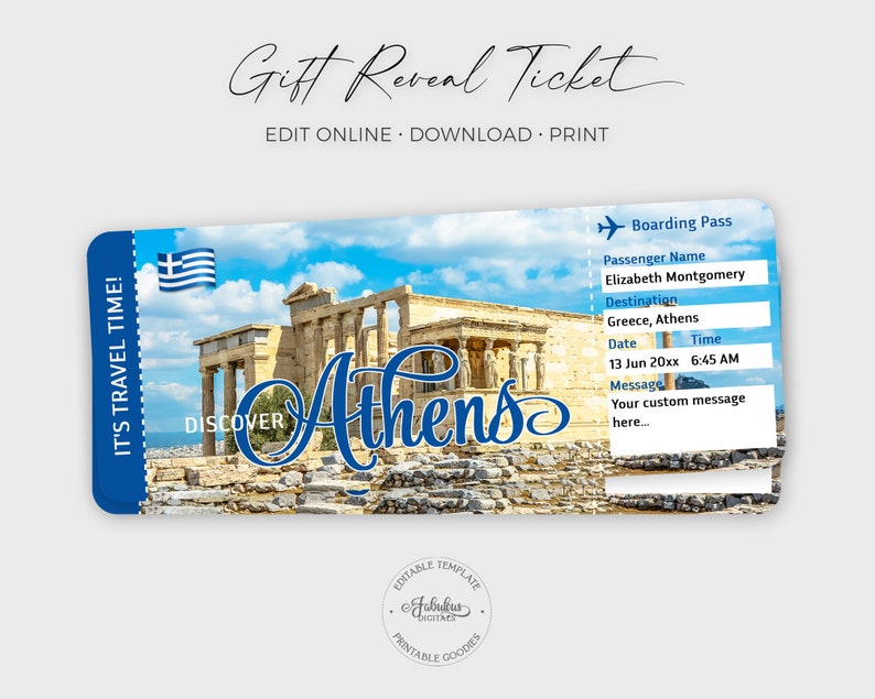 Athens Travel Ticket, Greece Gift Ticket, Custom Airplane Ticket ...