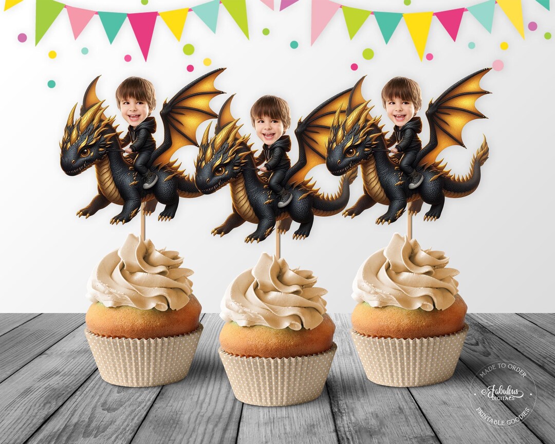 Dragon Custom Face Cupcake Topper, Black Gold Dragon Photo Birthday ...