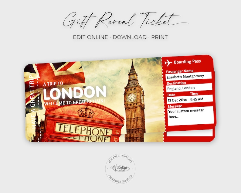 London Travel Ticket, London Boarding Pass, Custom Gift Ticket, Big Ben ...