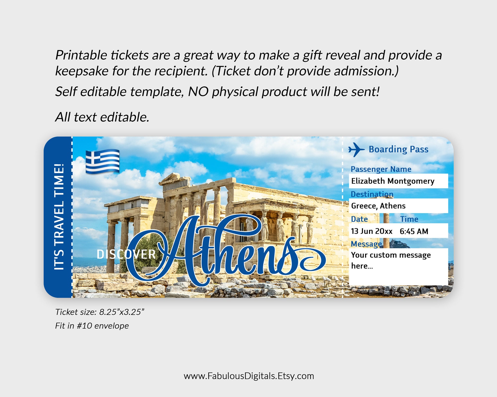 Athens Travel Ticket, Greece Gift Ticket, Custom Airplane Ticket ...