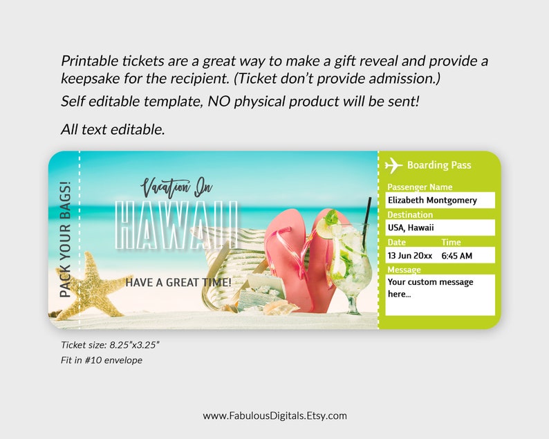 Hawaii Vacation Ticket Custom Airplane Ticket Hawaii - Etsy