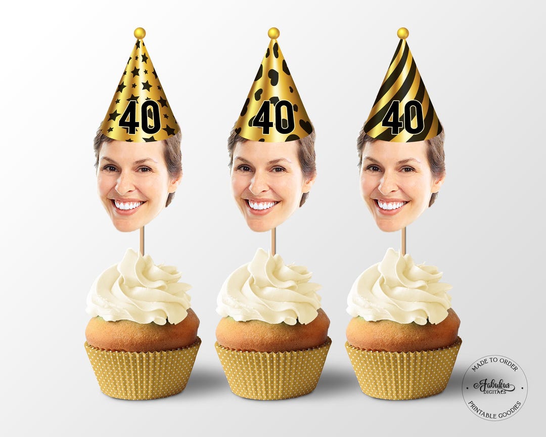 Gold Birthday Hat Cupcake Topper, Custom Photo Face Cupcake Toppers ...