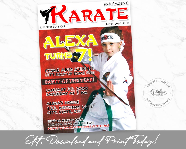 Karate Birthday Invitation Girl Magazine Cover Style Card - Etsy