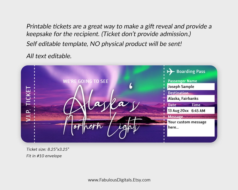 Alaska's Northern Lights Travel Ticket, Custom Airplane Ticket, Alaska ...