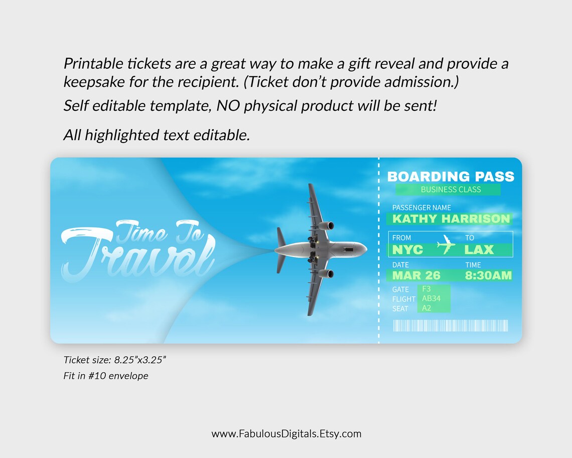 Editable Airplane Ticket Template Surprise Gift Ticket - Etsy